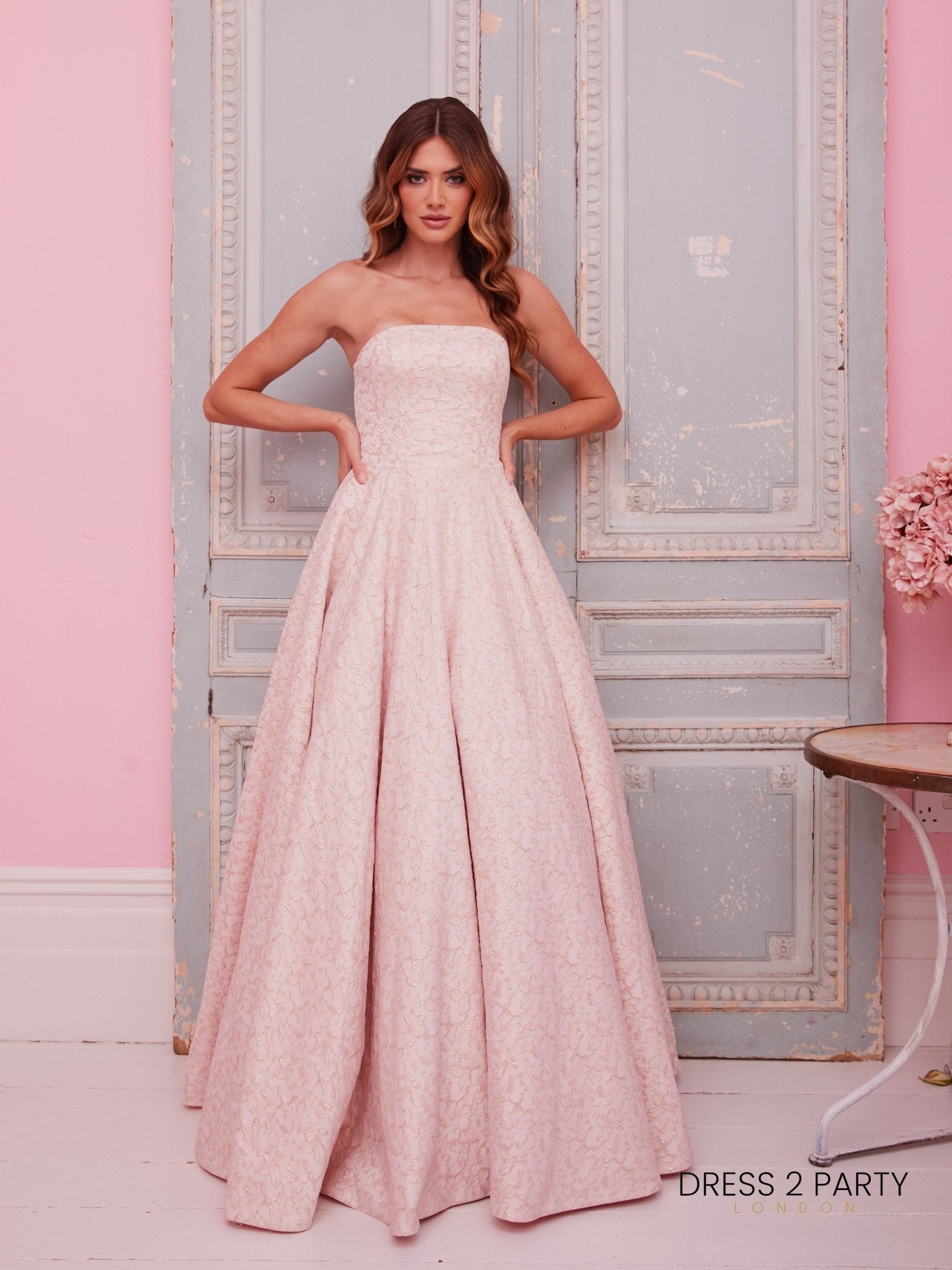 Amanda - Light Pink Strapless Jaquard Ball Gown With Full Skirt