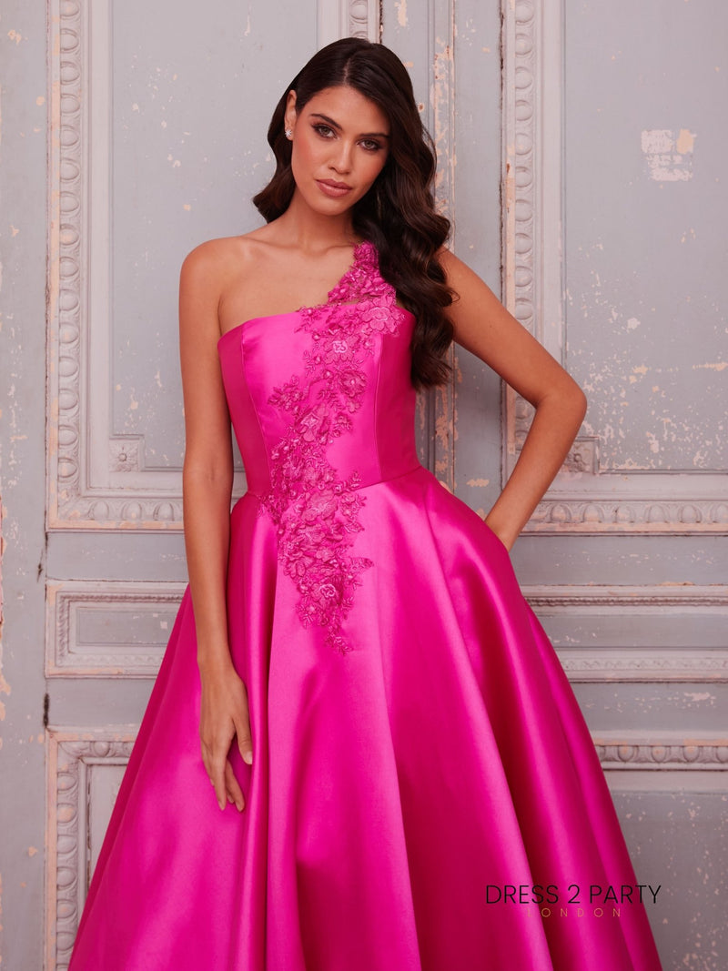 Colette - Megenta One Shoulder Mikado Ballgown With Pockets