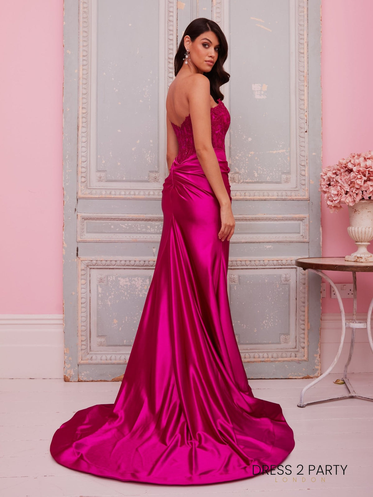 Ella - Hot Pink Strapless Metallic Lace Corset Top