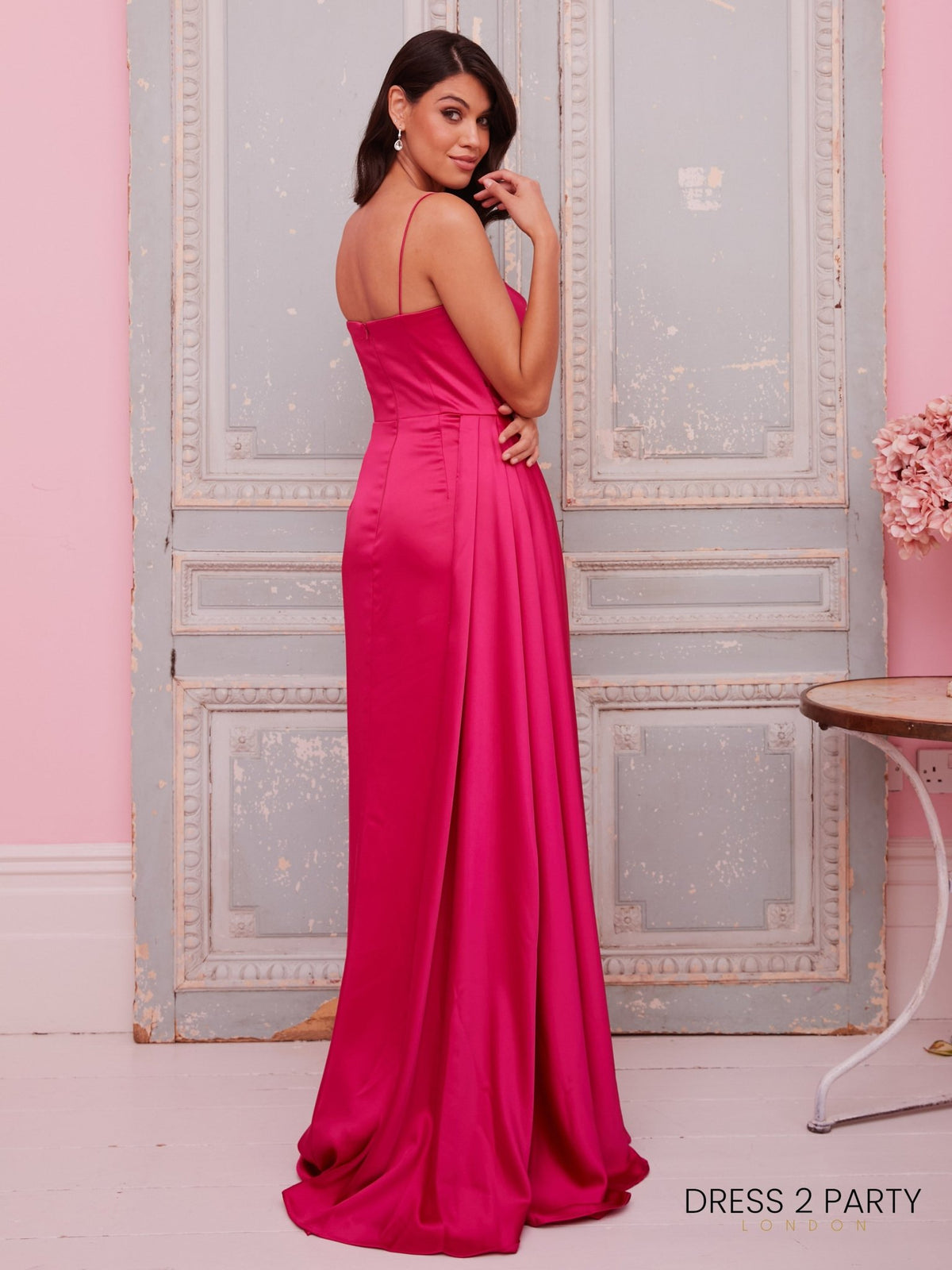 Libby - Hot Pink Mid Weight Satin Skirt Dress With Corset Top