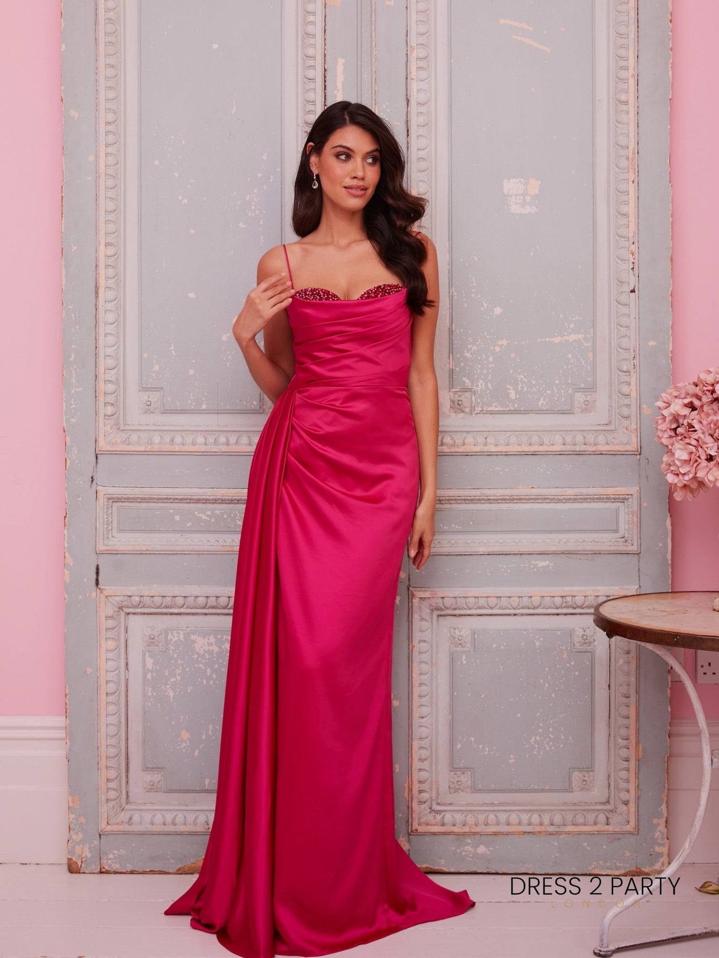 Libby - Hot Pink Mid Weight Satin Skirt Dress With Corset Top