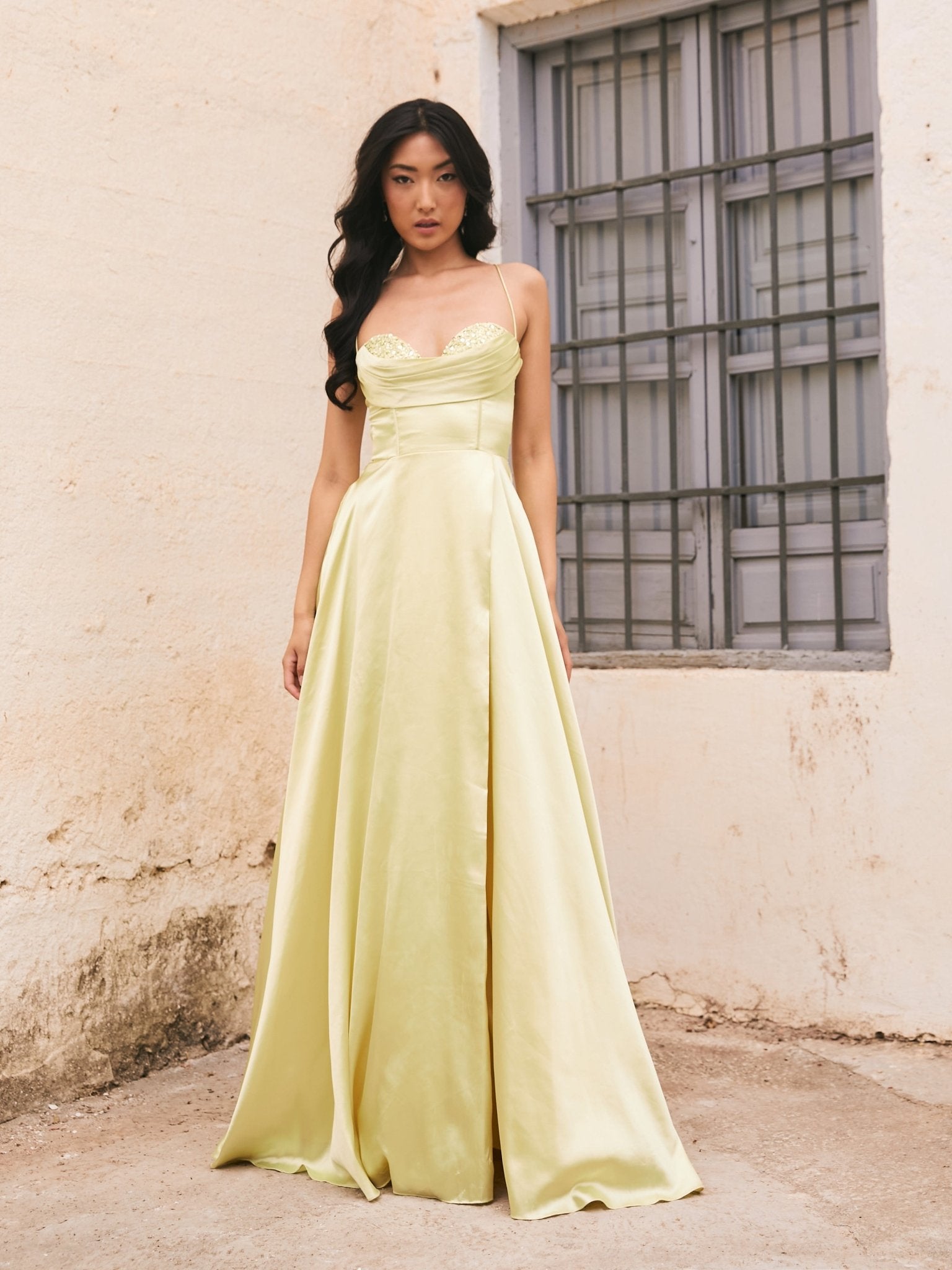 Petra - Lemon Satin Wrap Dress With Beaded Corset